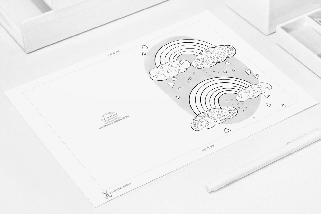 FREE PRINTABLE COLORING GREETING CARD – RAINBOWS AND CLOUDS | LOLA + SOFIA