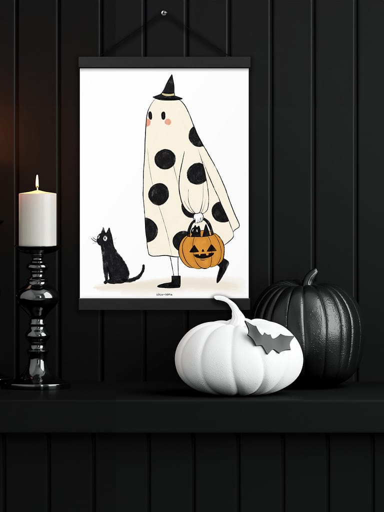 Hand-Drawn Halloween Ghost with Black Cat – Wall Art Poster with Wooden Hanger - LOLA + SOFIA