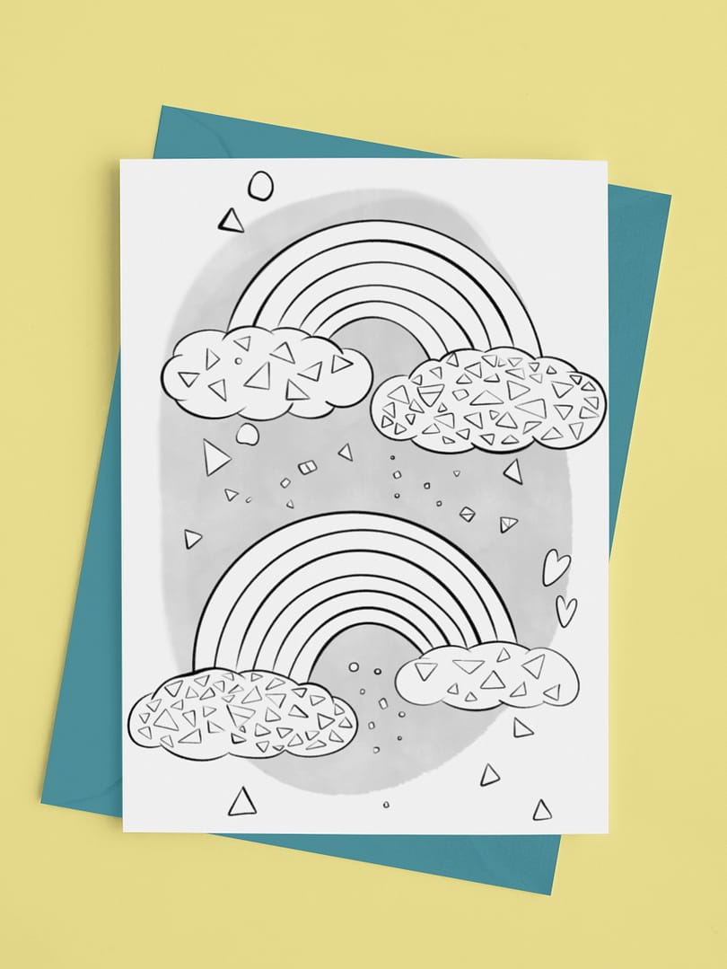 Free Printable Coloring Greeting Card – Rainbows and Clouds - LOLA + SOFIA