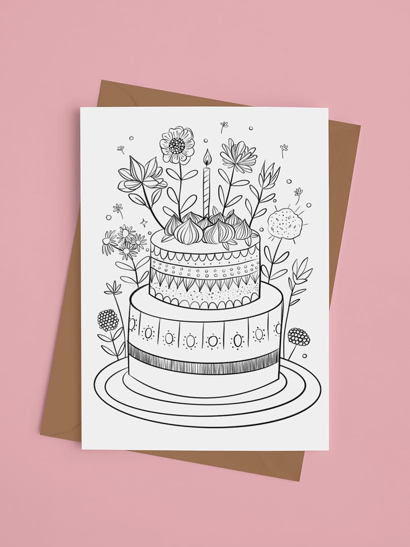 Coloring Greeting Card Printable - Birthday Cake and Flowers | LOLA + SOFIA