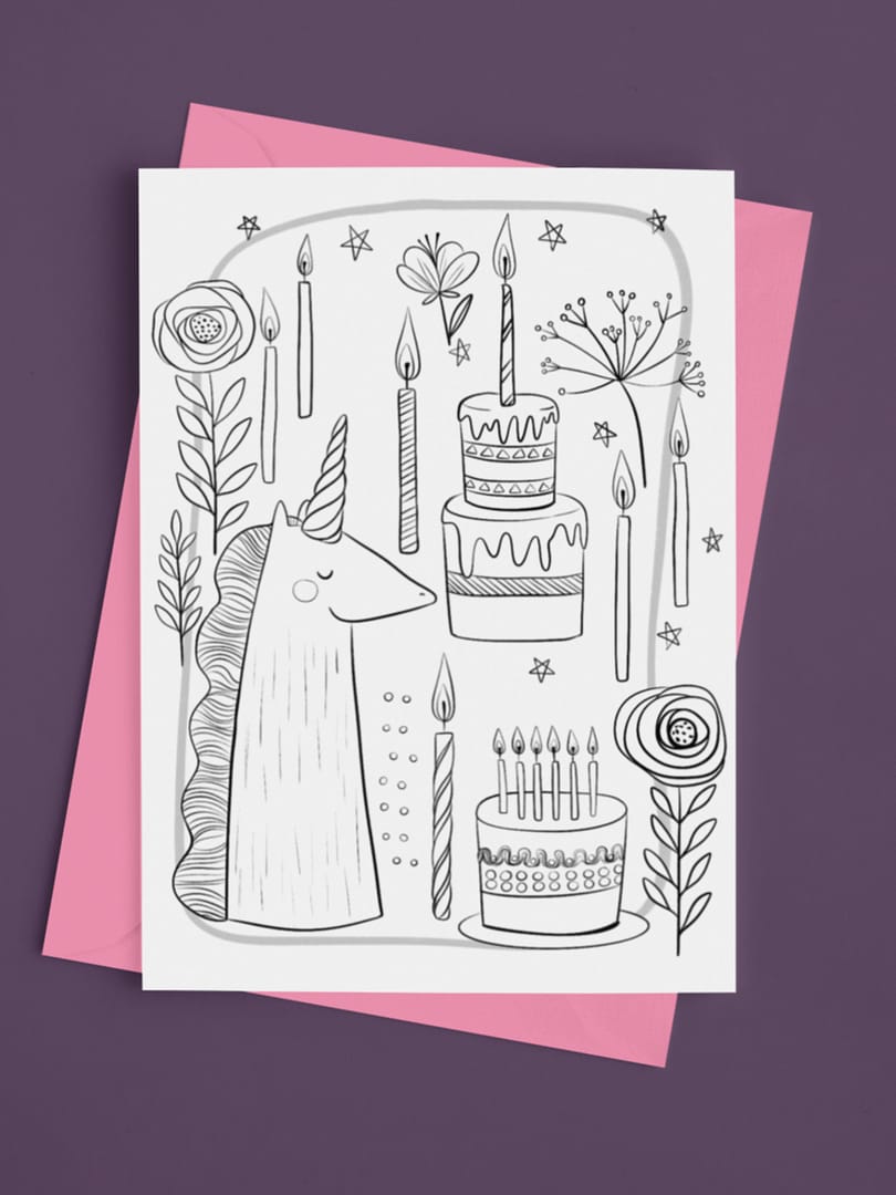 Little Birthday Unicorn Coloring Greeting Card - Printable Fun for Kids ...