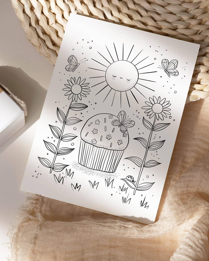 Coloring Greeting Card Printable - Cupcake and Flowers | LOLA + SOFIA