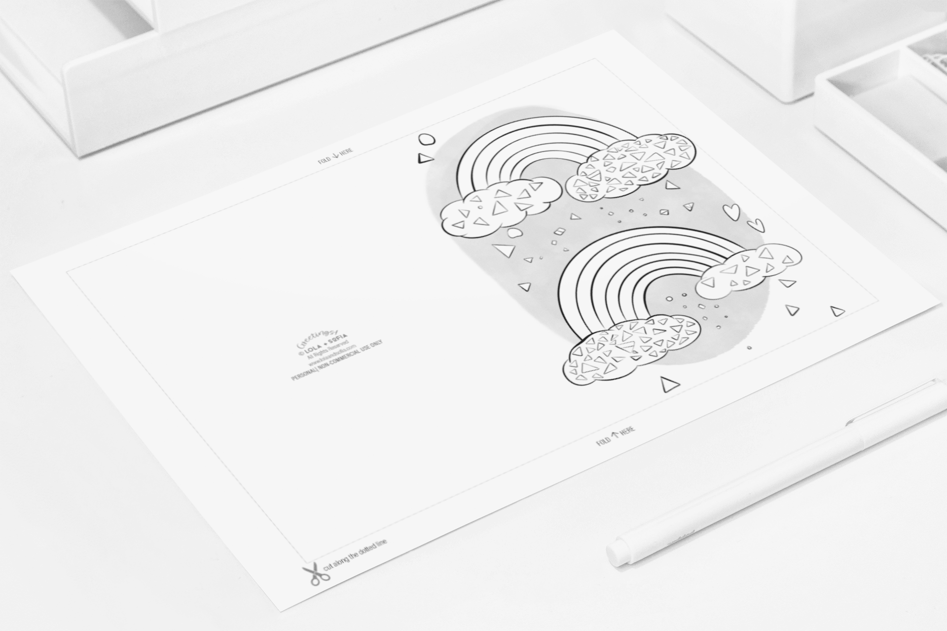 FREE PRINTABLE COLORING GREETING CARD – RAINBOWS AND CLOUDS | LOLA + SOFIA