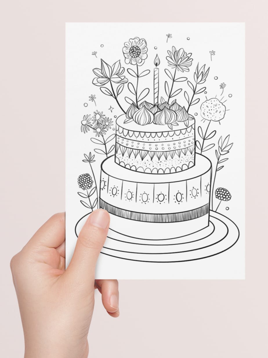 Coloring Greeting Card Printable - Birthday Cake and Flowers | LOLA + SOFIA